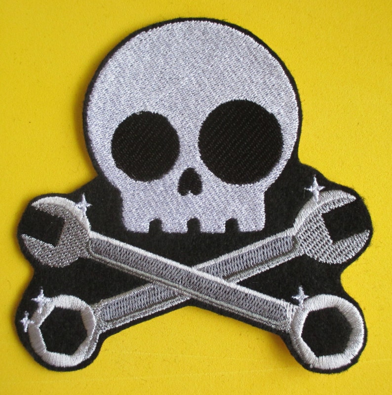 Embroidered Mechanic Skull and Wrench Cross Bones Applique Patch ...