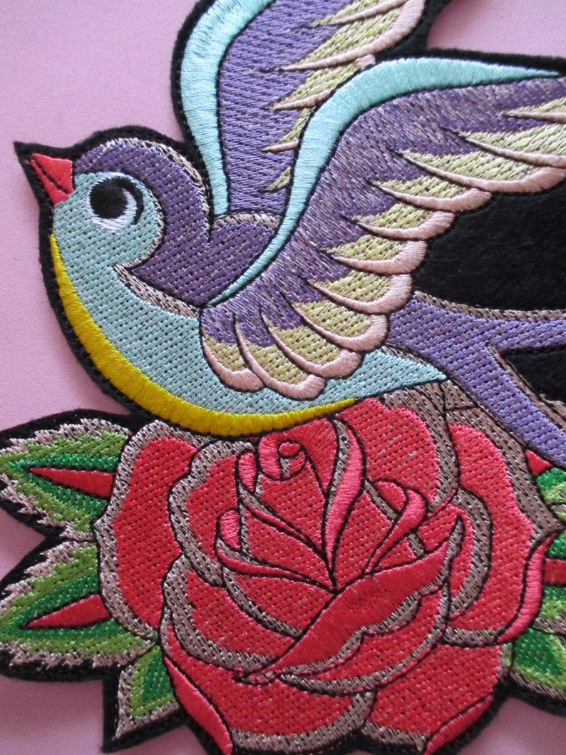 Large Embroidered Sparrow With Rose Applique Patch Iron on or - Etsy
