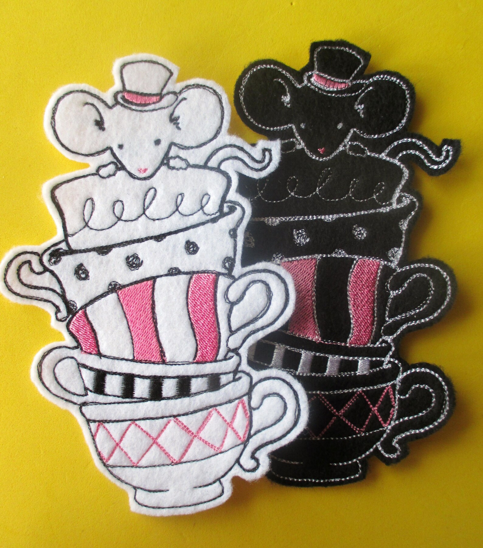 Large Embroidered Applique Patch, Mouse in a Stack of Tea Cups, Large 6 ...