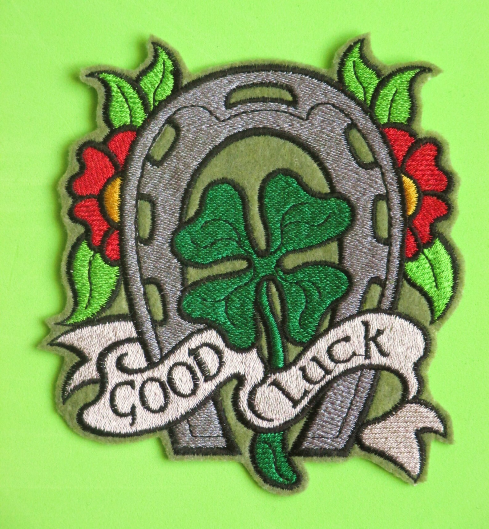 Large Embroidered Good Luck Shamrock and Horseshoe Applique Patch ...