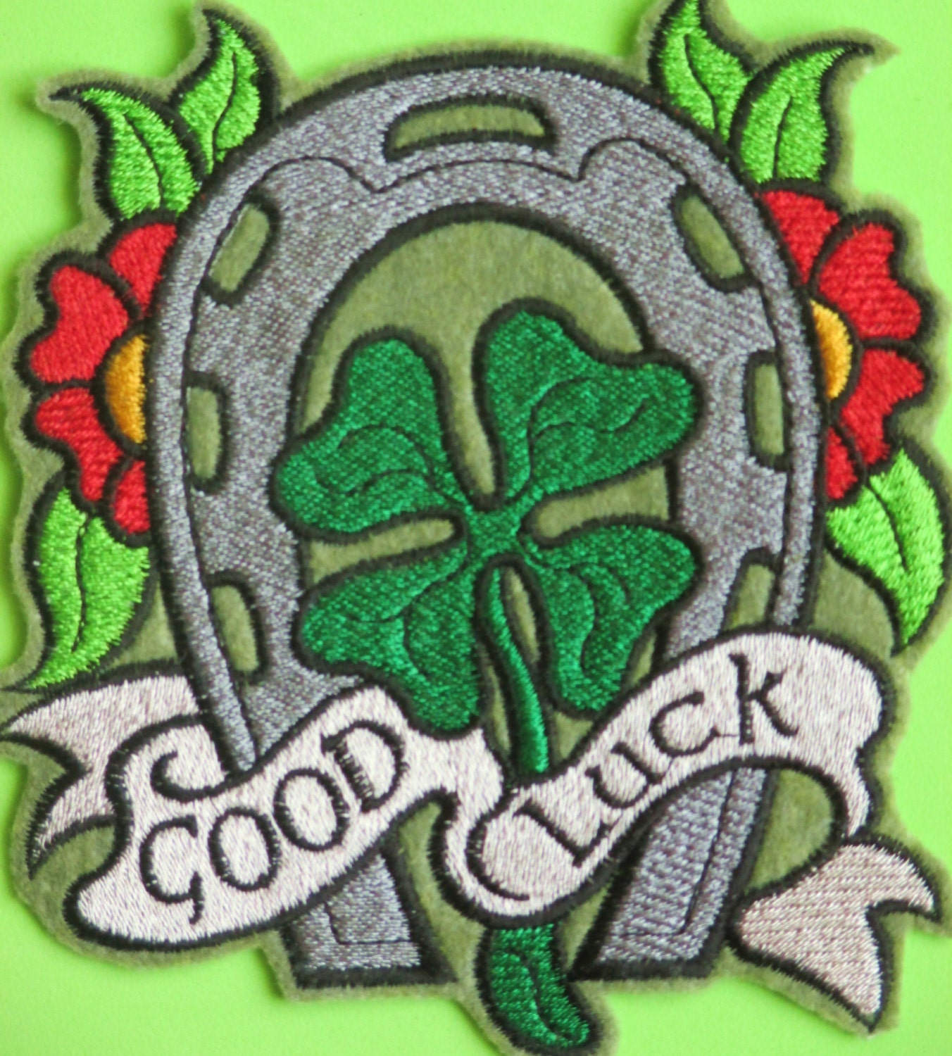 Large Embroidered Good Luck Shamrock and Horseshoe Applique Patch ...