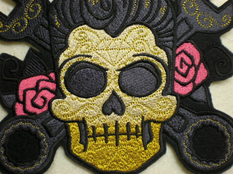 Jumbo Embroidered Retro Rockabilly Skull Applique Patch, Wrenches and ...