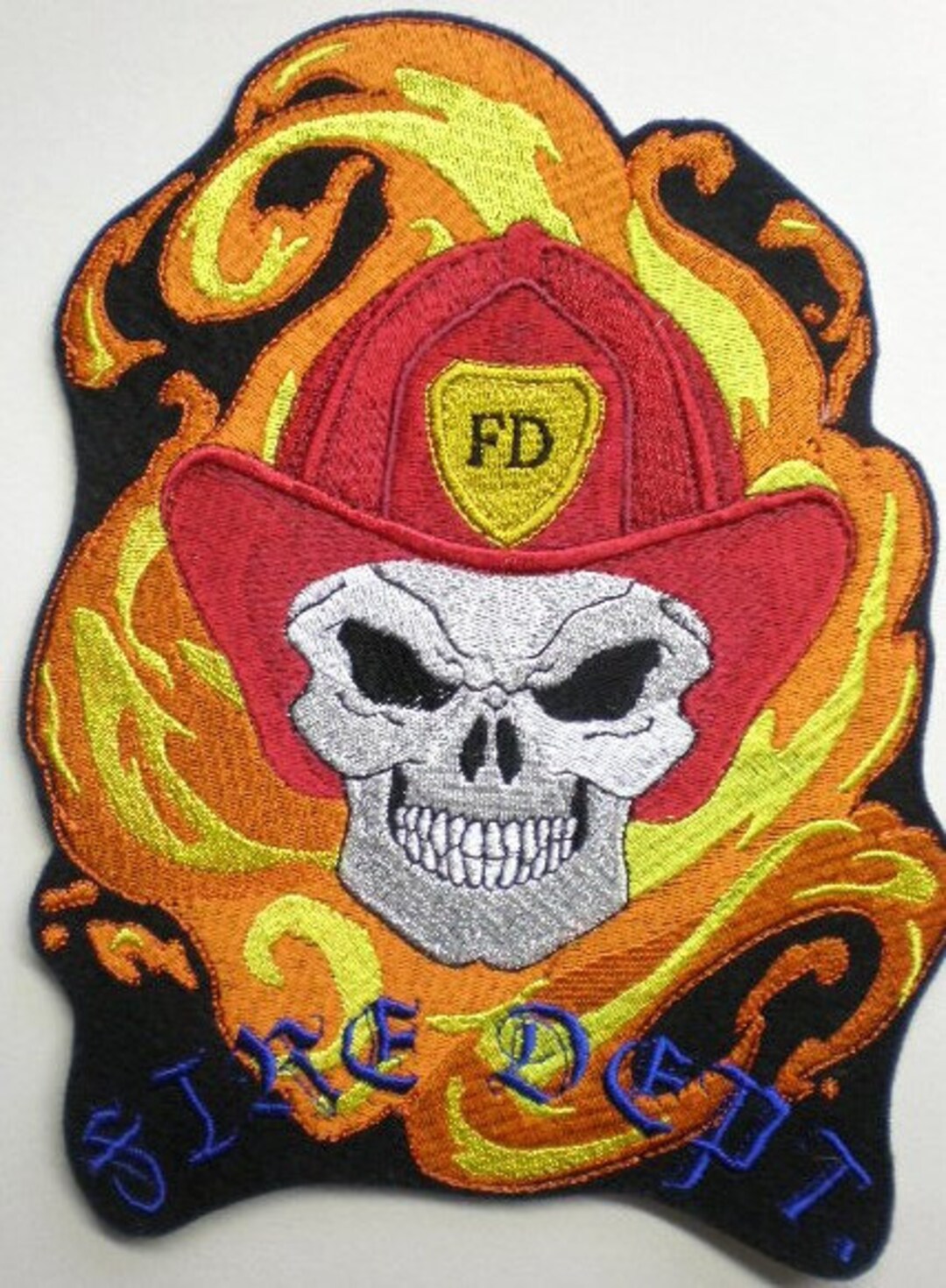 Extra Large 9 3/4 by 6 1/2 Inches Embroidered Fireman Skull Applique ...