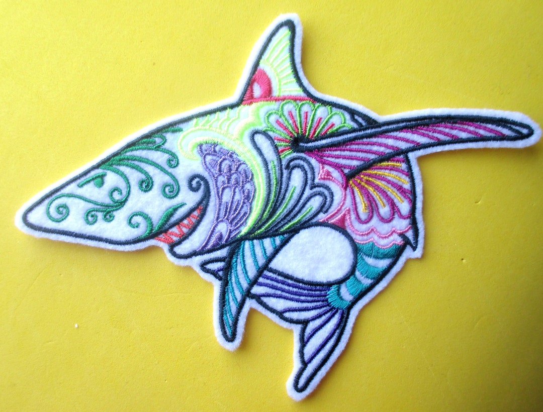 Large Embroidered Mehndi Style Shark Applique Patch, Iron on or Sew On ...