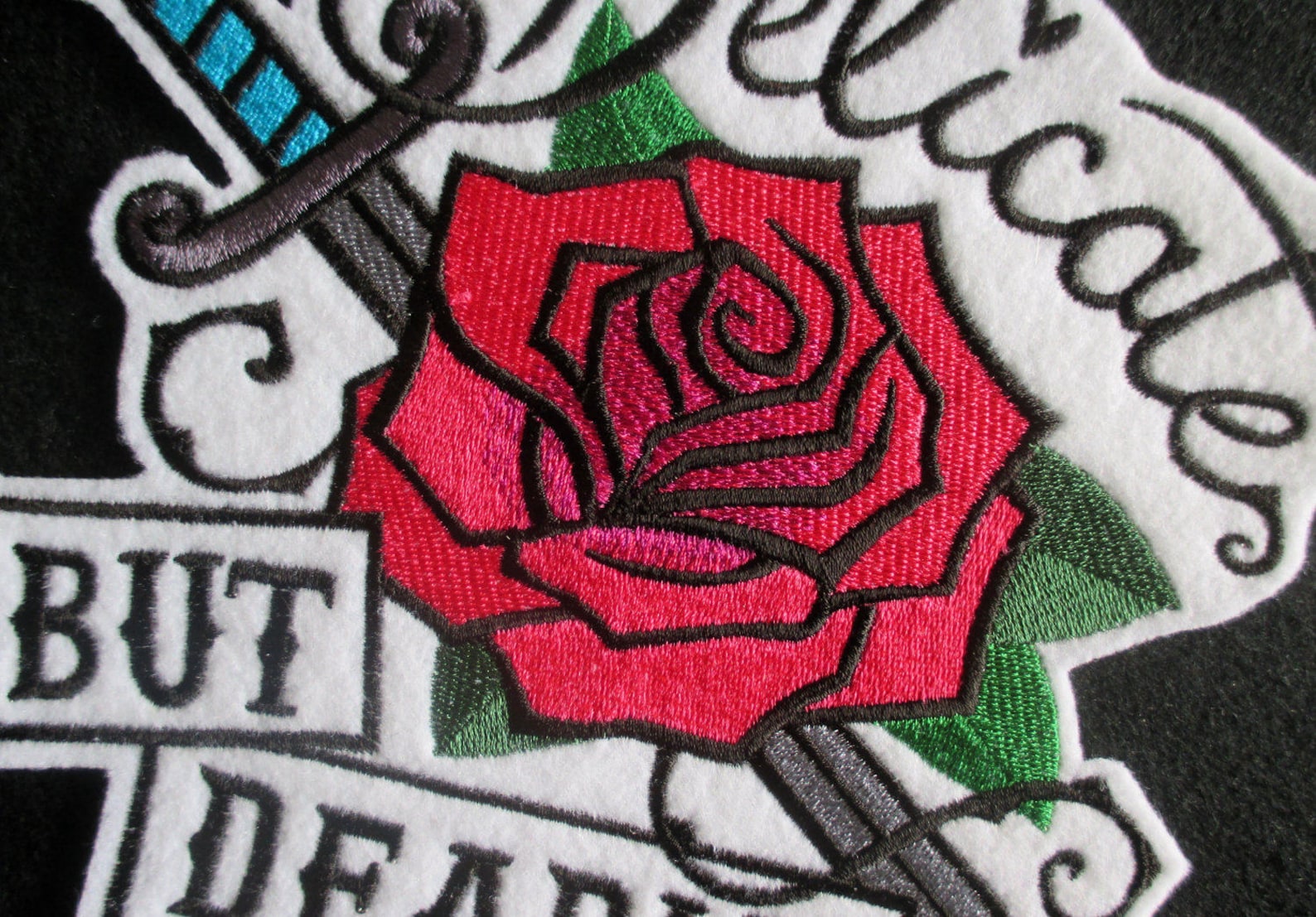 Large Embroidered Delicate but Deadly Rose and Dagger Applique Patch ...