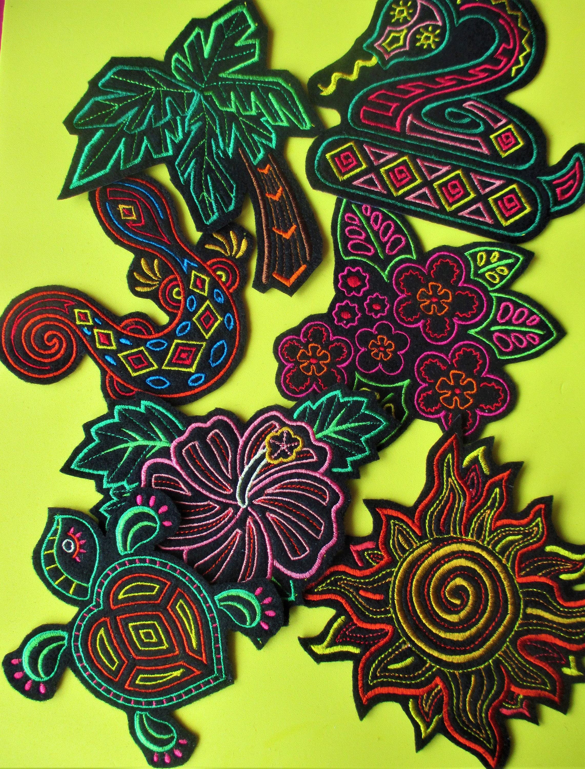 Set of Seven Embroidered Mola Appliques, Tropical, Palm Tree, Sun ...