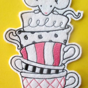 Large Embroidered Applique Patch, Mouse in a Stack of Tea Cups, Large 6 ...