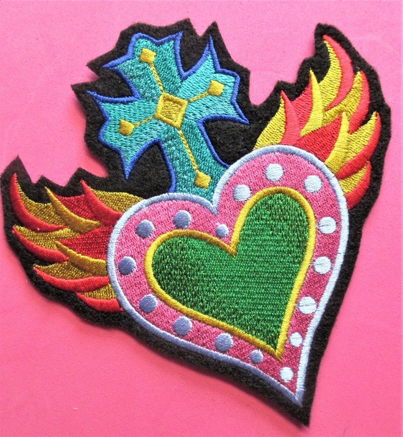 Large Embroidered Milagro Miracle Heart Cross Flame - Etsy