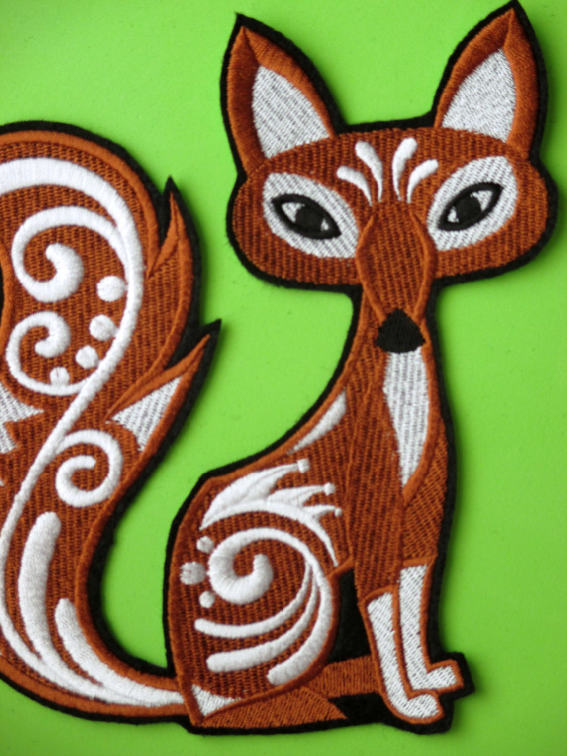 Large Embroidered Flourished Fox Applique Patch, Iron on or Sew On, Red ...