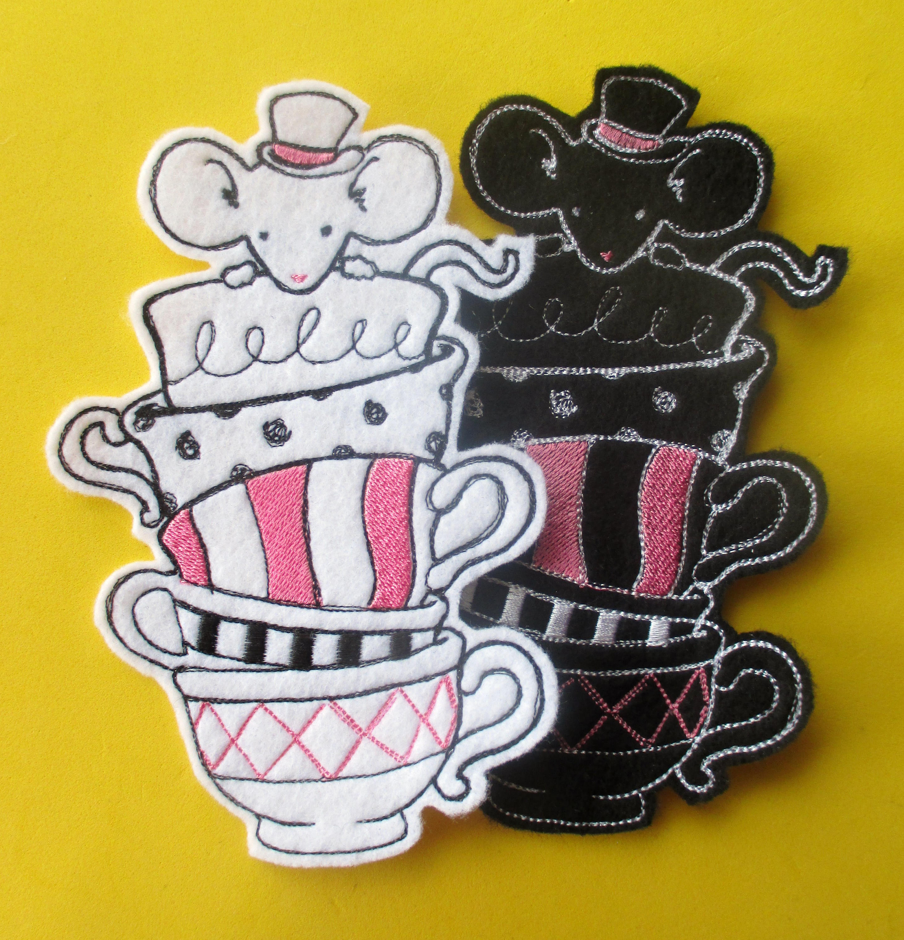 Large Embroidered Applique Patch, Mouse in a Stack of Tea Cups, Large 6 ...
