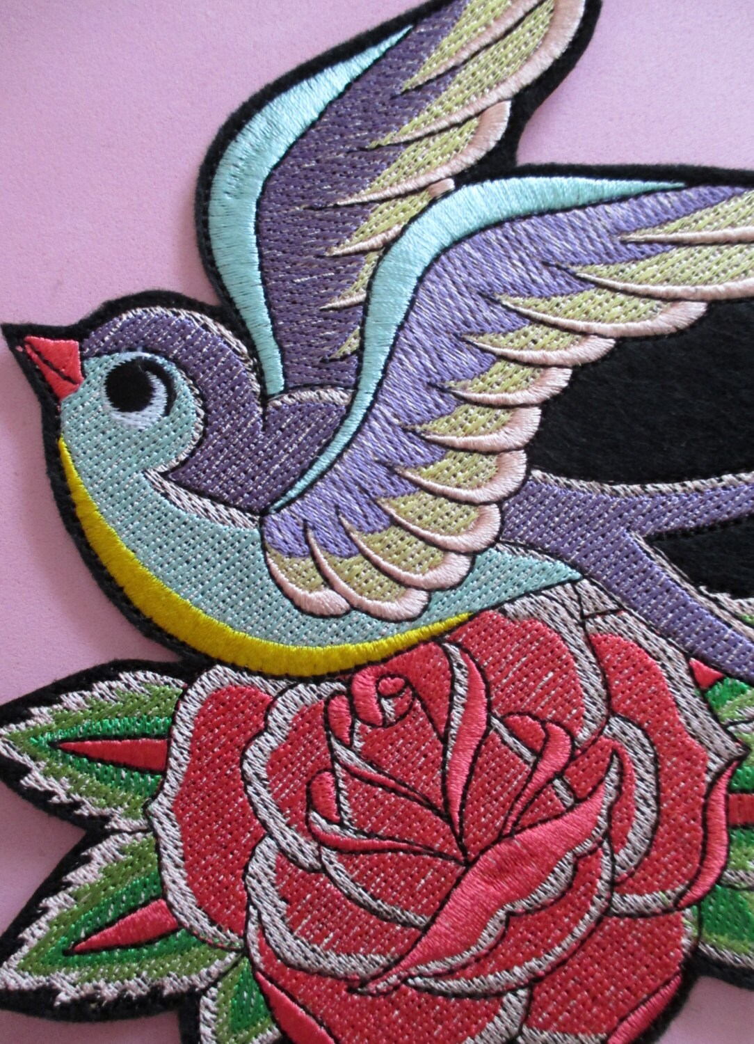 Large Embroidered Sparrow With Rose Applique Patch Iron on or - Etsy