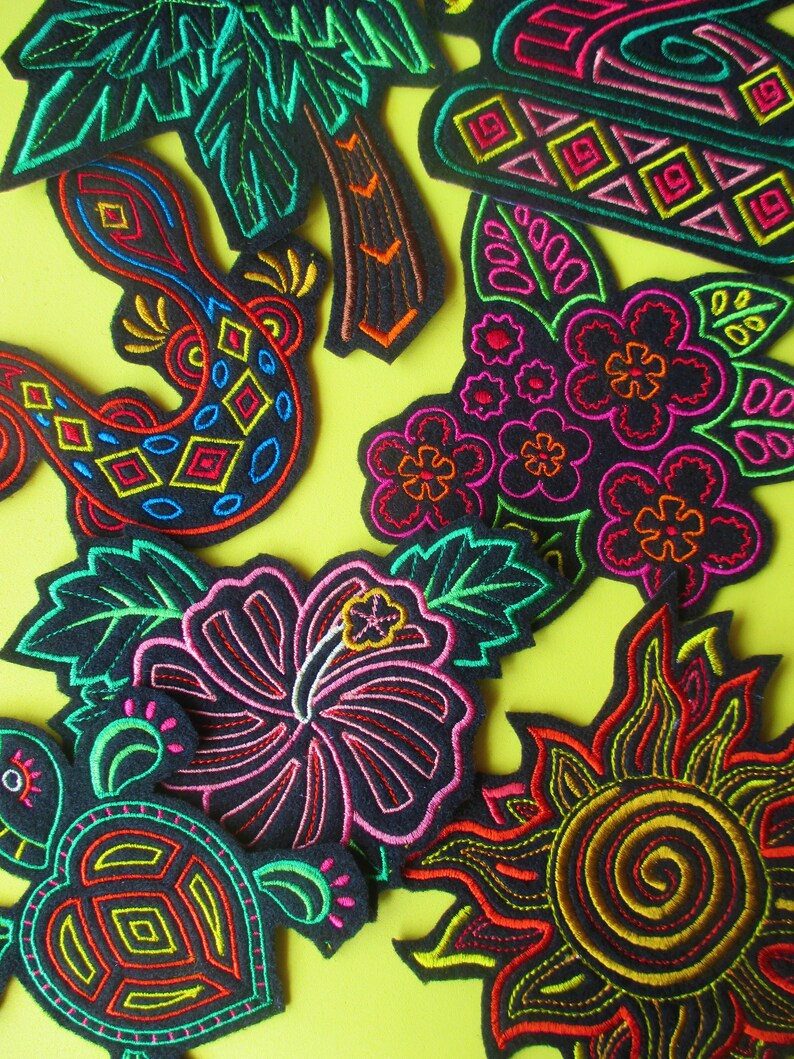 Set of Seven Embroidered Mola Appliques, Tropical, Palm Tree, Sun ...