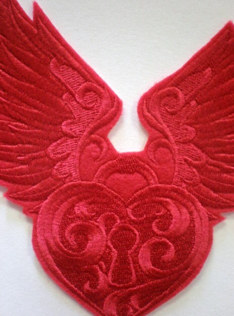 Large Embroidered Red Heart Locket With Wings in Baroque Style, Iron on ...