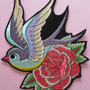 Large Embroidered Sparrow With Rose Applique Patch, Iron on or Sew on ...
