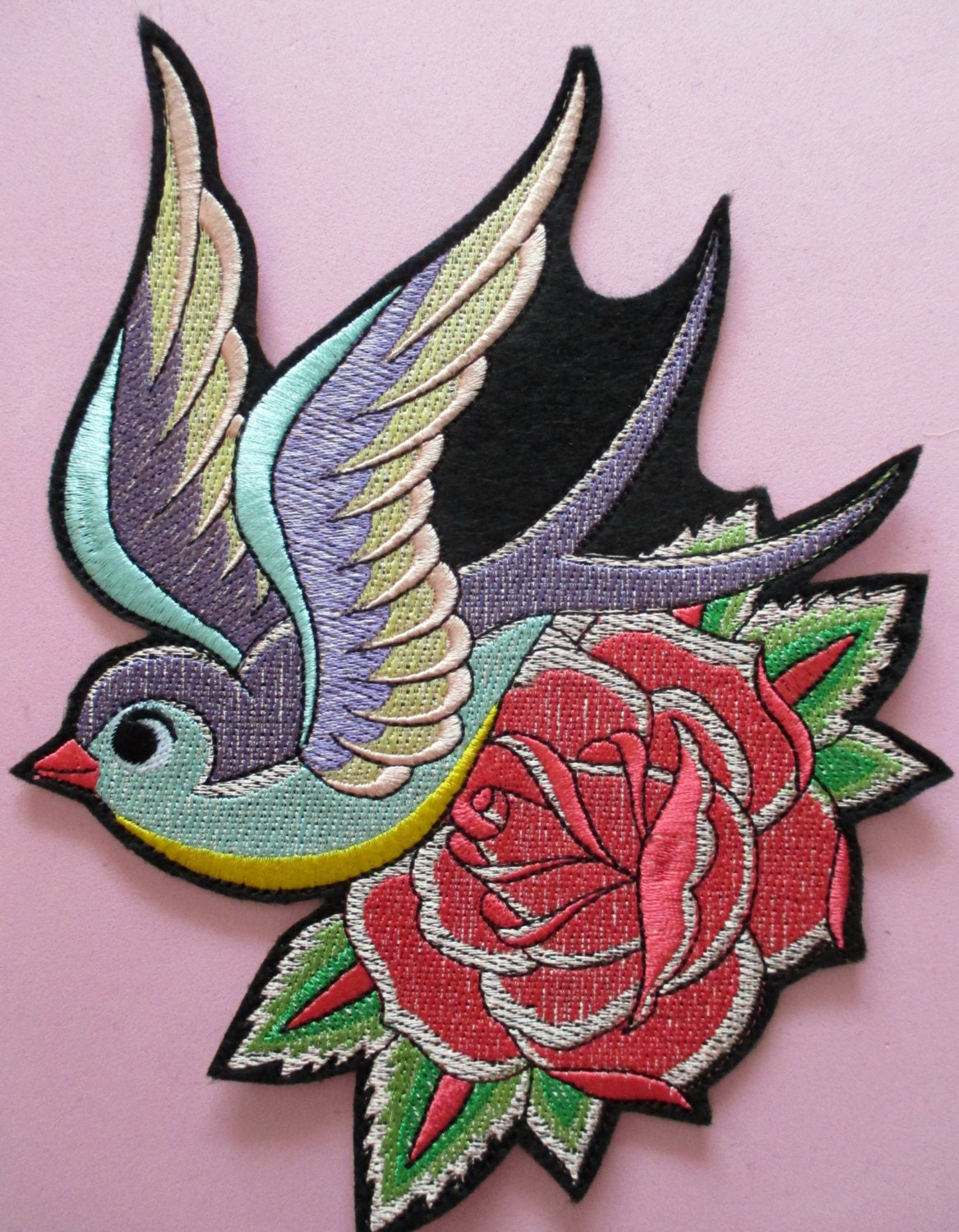 Large Embroidered Sparrow With Rose Applique Patch Iron on or - Etsy