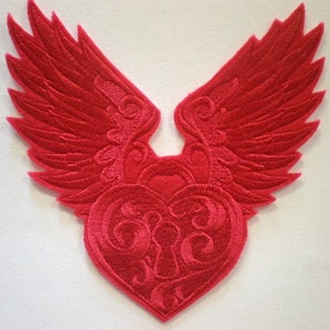 Large Embroidered Red Heart Locket With Wings in Baroque Style, Iron on ...