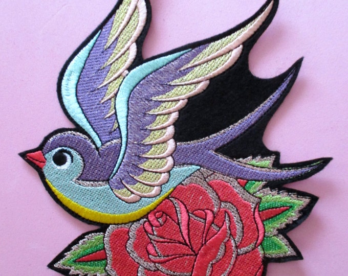 Large Embroidered Sparrow With Rose Applique Patch, Iron on or Sew on ...