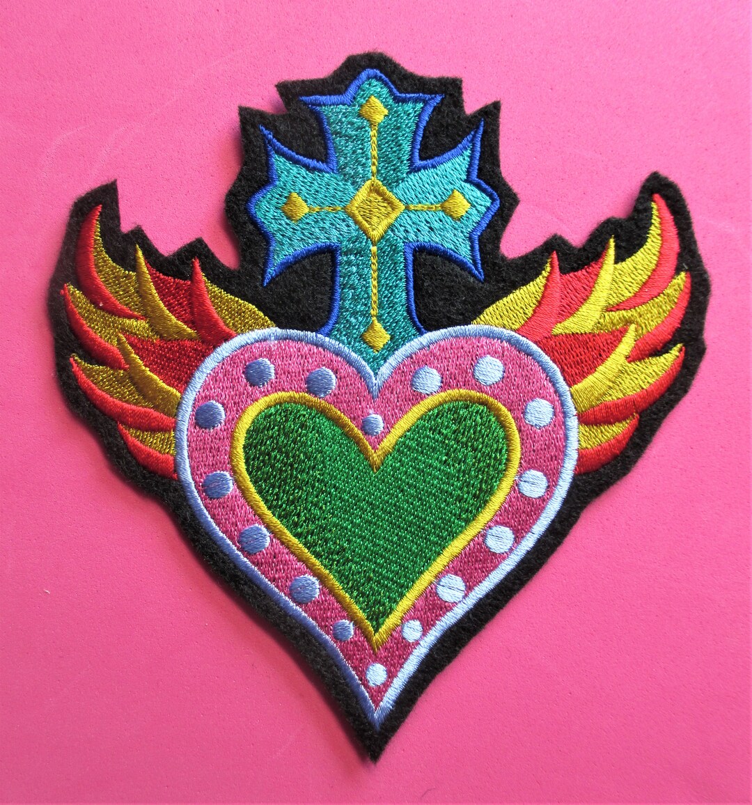 Large Embroidered Milagro ( Miracle ) Heart Cross Flame Applique Patch ...