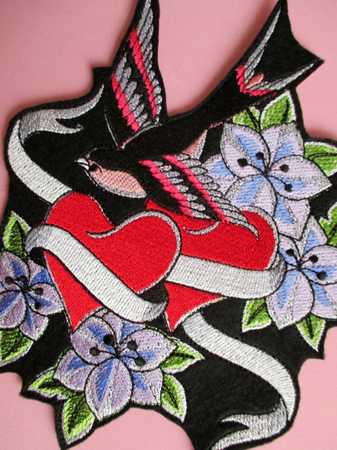 Large Embroidered Double Heart and Sparrow Applique Patch | Etsy