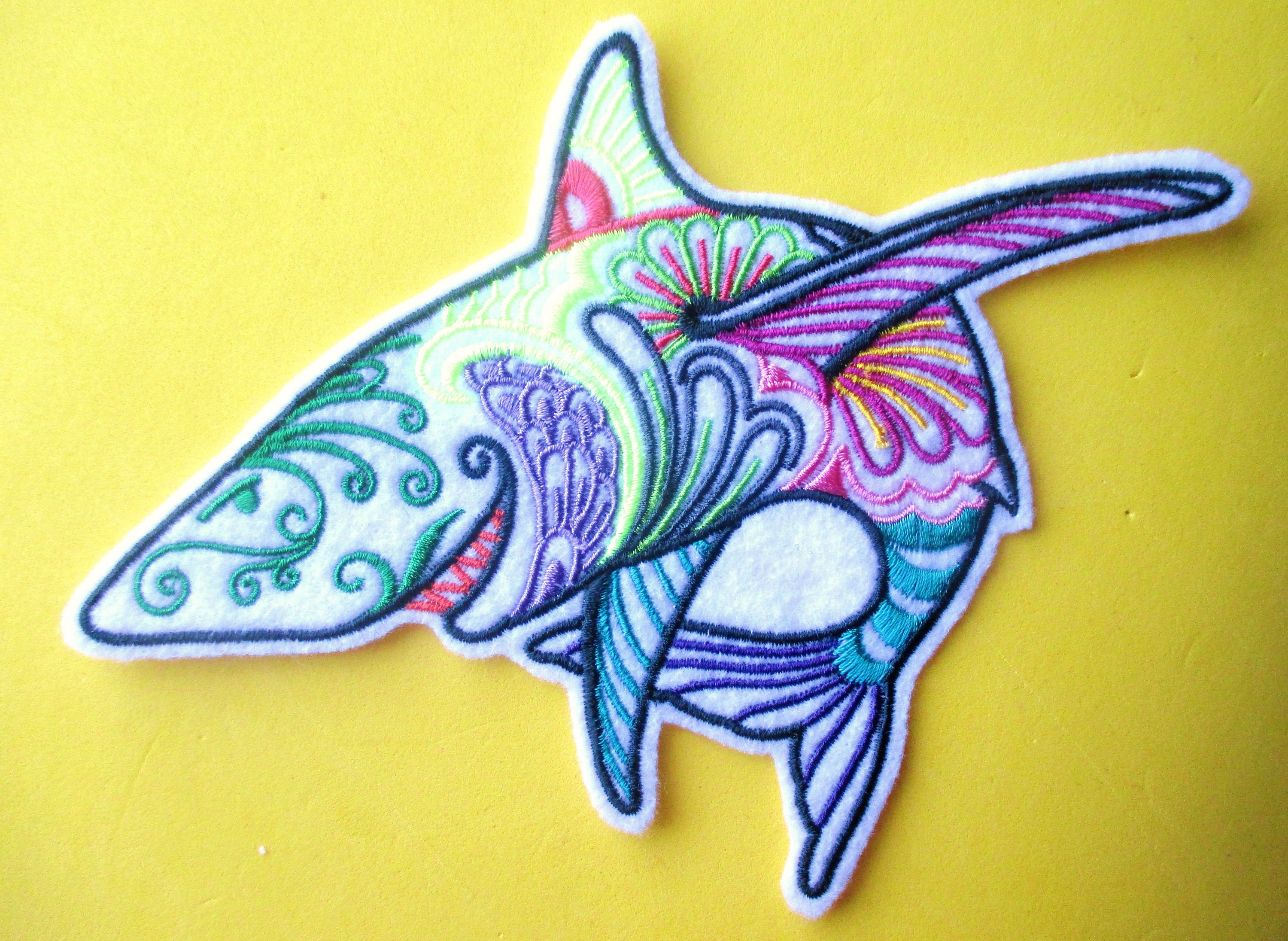 Large Embroidered Mehndi Style Shark Applique Patch, Iron on or Sew On ...