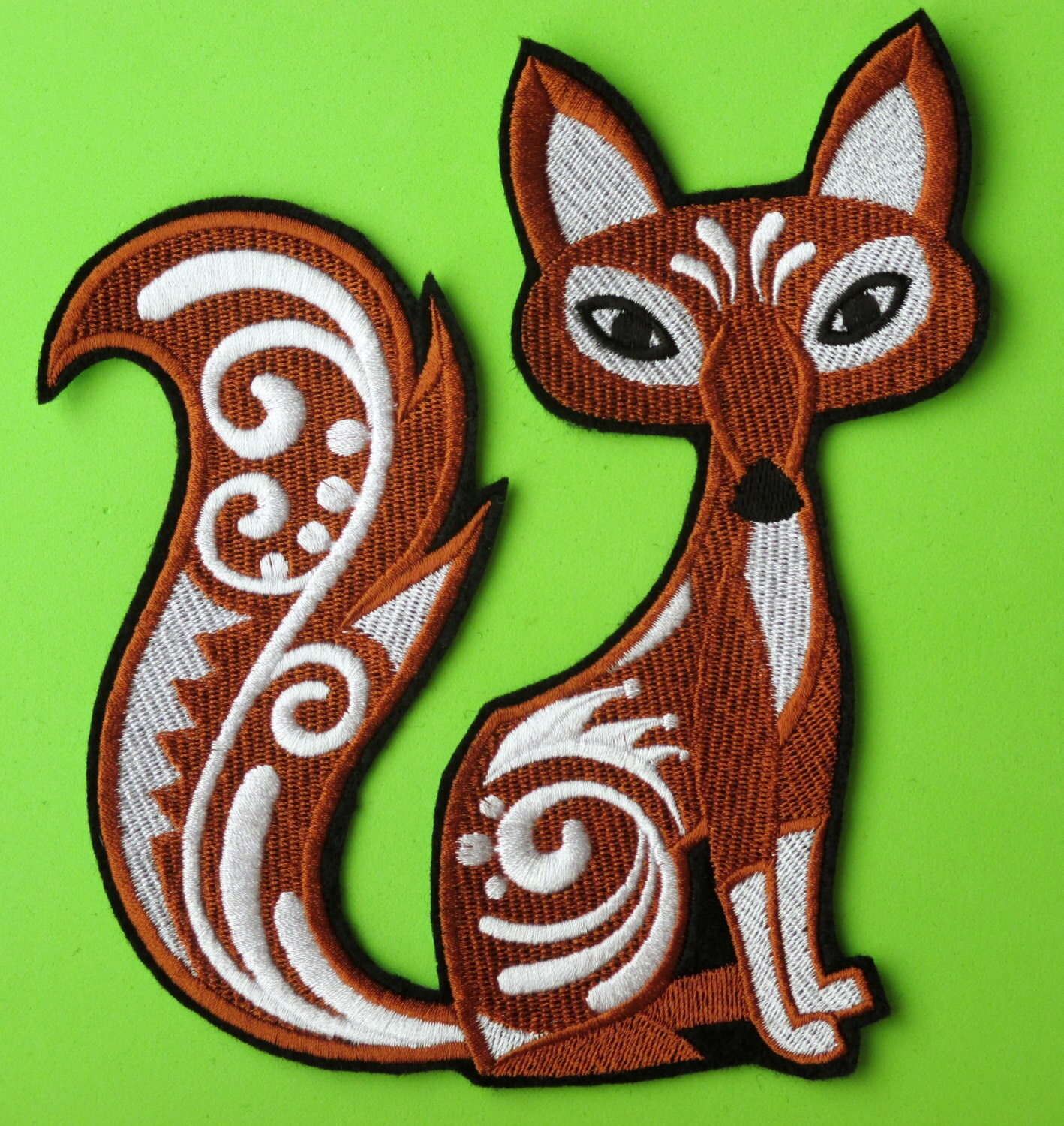 Large Embroidered Flourished Fox Applique Patch, Iron on or Sew On, Red ...