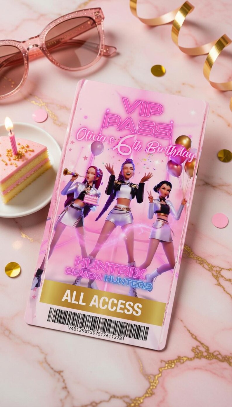 Huntrix KPOP Demon Hunters VIP Pass, Neon Anime Birthday Ticket ...
