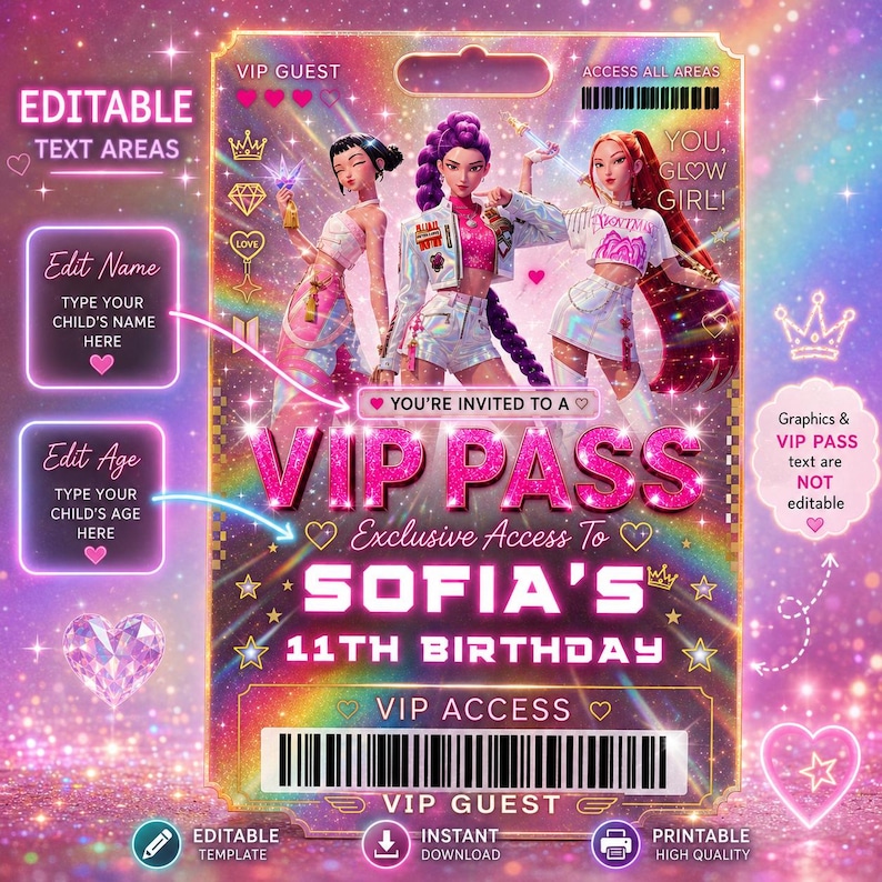 Editable K-pop VIP Pass Birthday Ticket, Holographic Neon Party ...