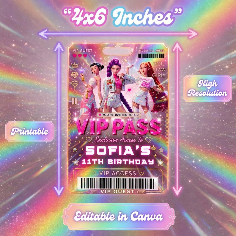 Editable K-pop VIP Pass Birthday Ticket, Holographic Neon Party ...