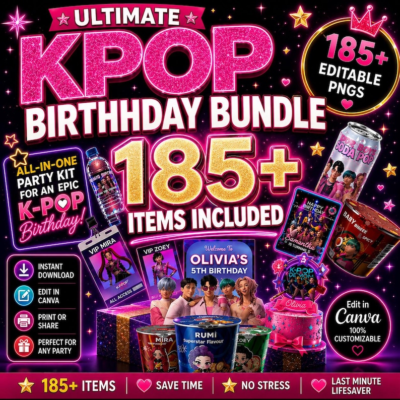 K Pop Birthday Party Bundle, Editable Canva Party Decorations, Kpop ...