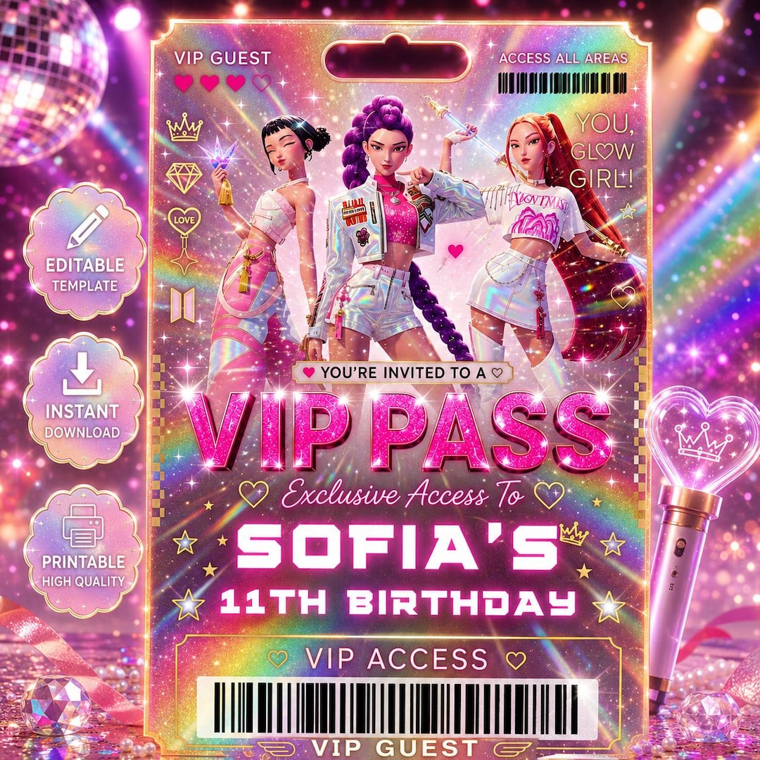 Editable K-pop VIP Pass Birthday Ticket, Holographic Neon Party ...