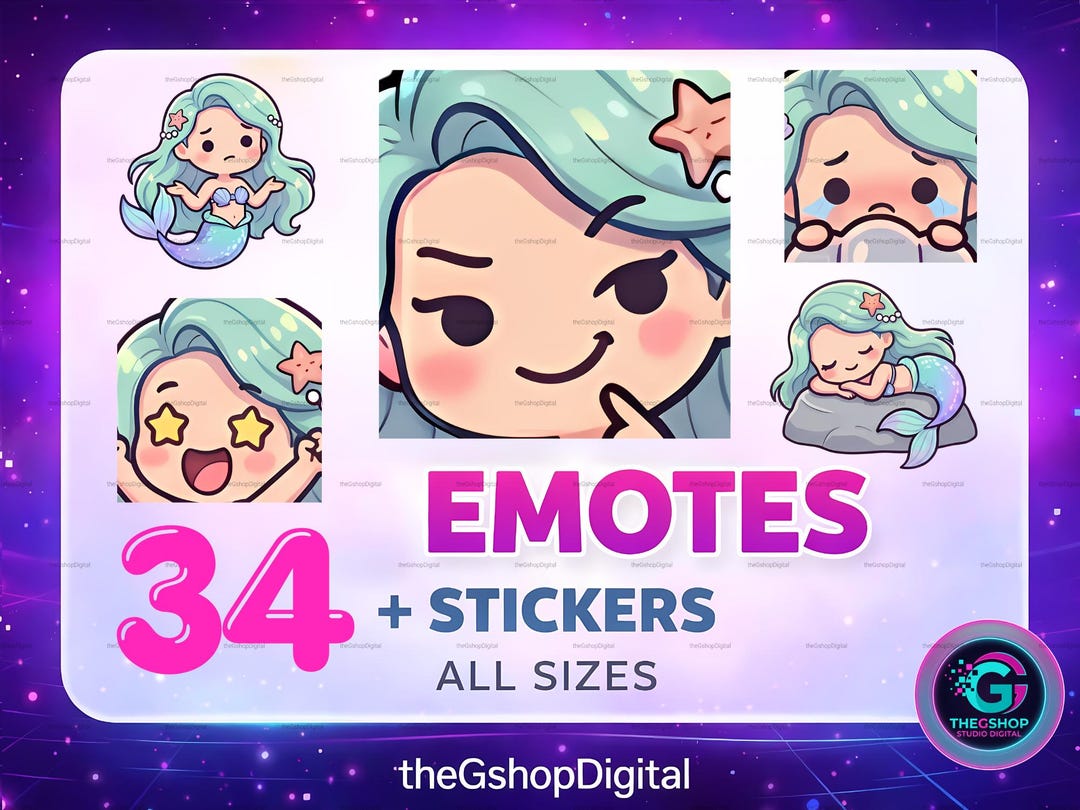 Cute Mermaid Chibi Twitch Emote Pack, 34 Kawaii Stickers for Discord ...