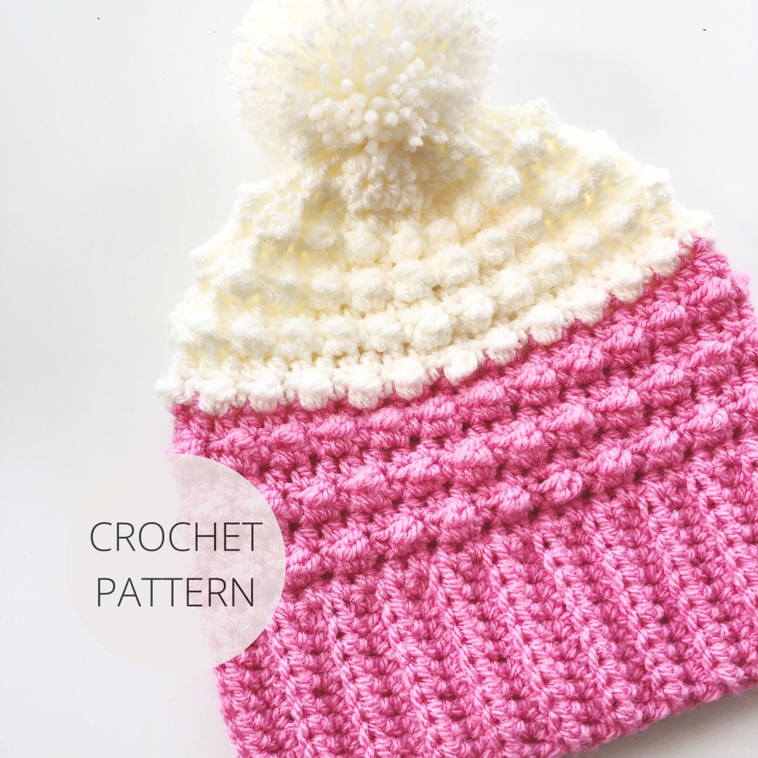 Berries N' Cream Beanie Crochet Pattern: Easy Pom-pom Hat, Adult Size ...