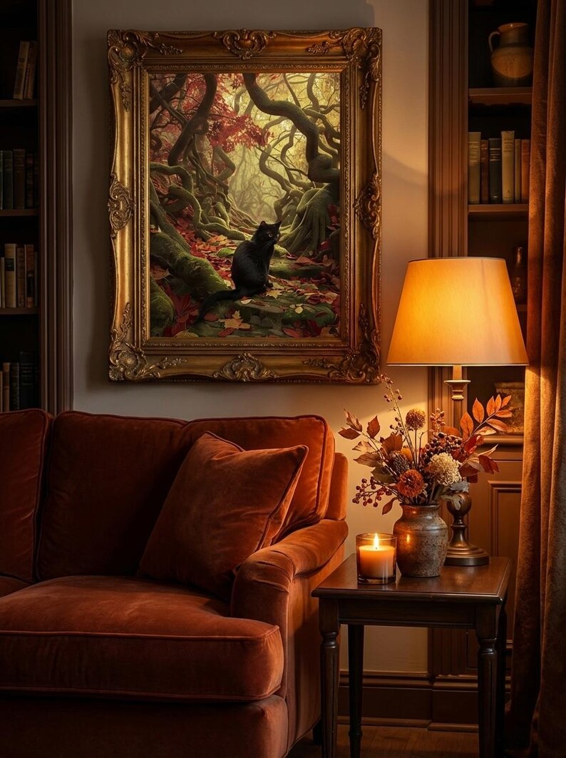 Black Cat Autumn Forest Art Print | Whimsigoth Woodland Wall Decor ...
