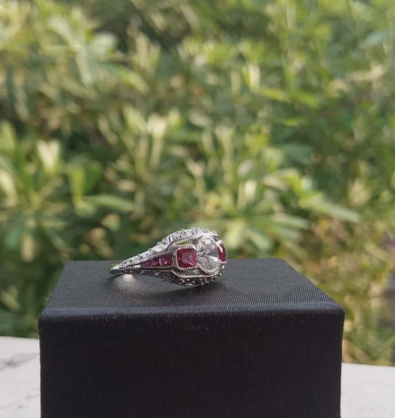Vintage Art Deco Ruby CZ Engagement Ring, Geometric Cocktail Statement ...