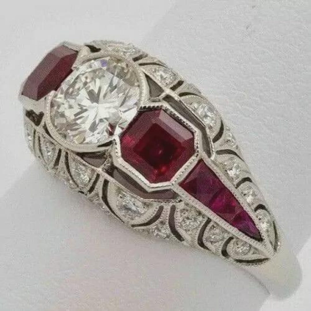 Vintage Art Deco Ruby CZ Engagement Ring, Geometric Cocktail Statement ...