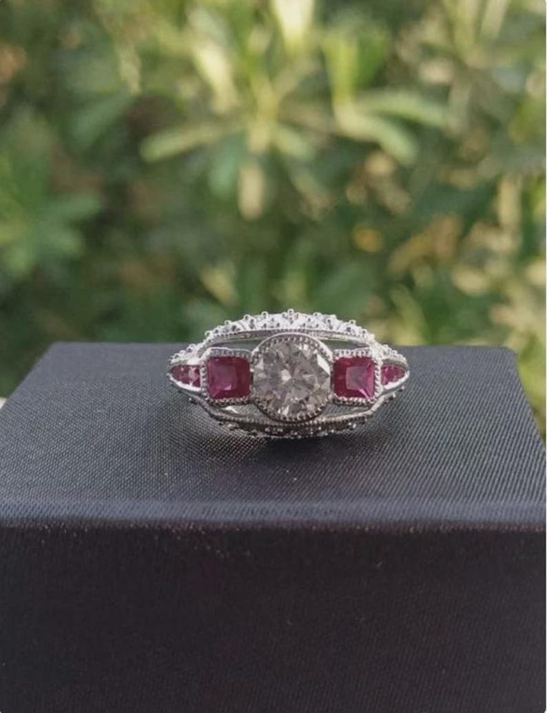 Vintage Art Deco Ruby CZ Engagement Ring, Geometric Cocktail Statement ...
