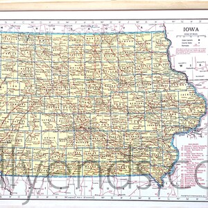Vintage Iowa Map, 1945 Original Atlas Antique, Des Moines, Cedar Rapids ...