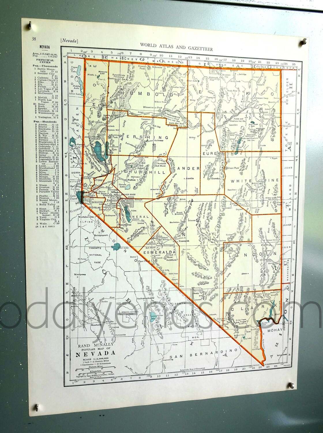 Vintage Nevada Map, 1939 Original Atlas Antique, Reno, Las Vegas, Area ...