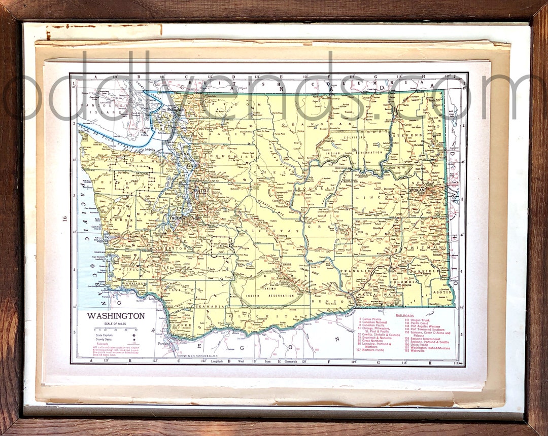 Vintage Washington Map, 1945 Original Atlas Antique, Seattle, Mount ...