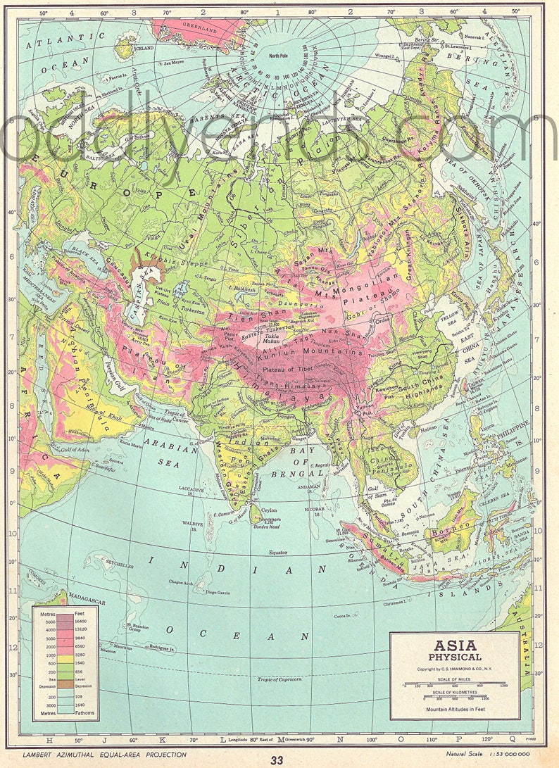 Vintage Asia Topographic Map 1945 Original Atlas Antique - Etsy Canada