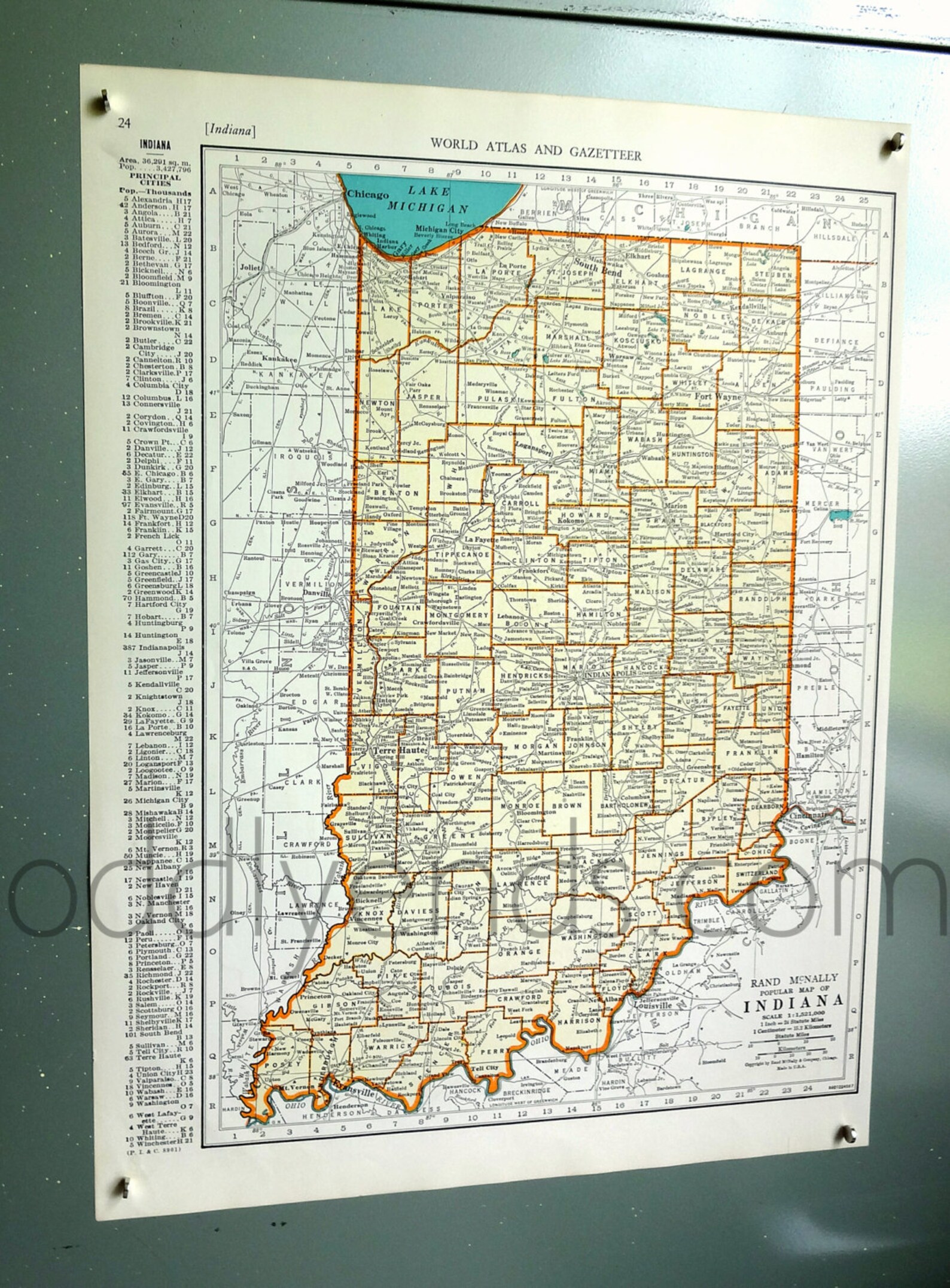 Vintage Indiana Map, 1939 Original Atlas Antique, Indianapolis, Fort ...