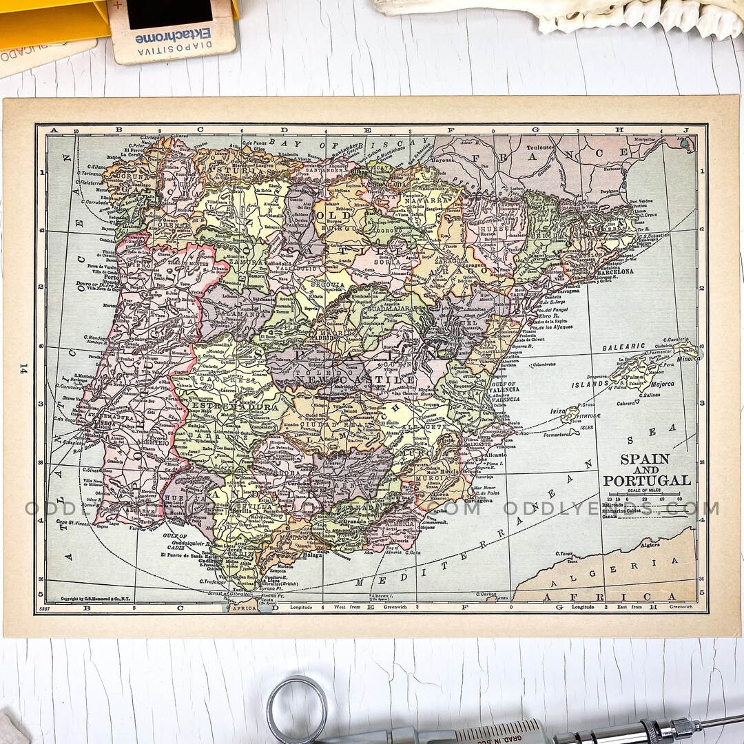 1939 Spain & Portugal Map, Not Reproduction, Vintage Publication, Atlas ...