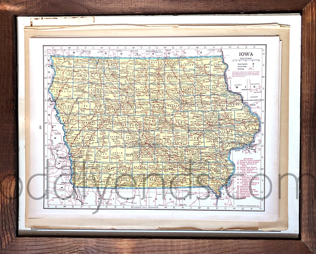 Vintage Iowa Map, 1945 Original Atlas Antique, Des Moines, Cedar Rapids ...