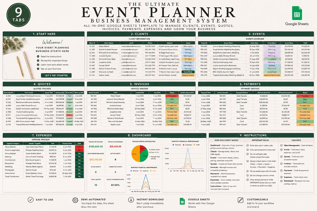 Event Planner Business Template for Google Sheets | CRM, Invoices ...