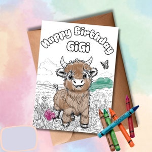 Colorable Happy Birthday Gigi Birthday Card, Highland Cow Card, Gigi ...
