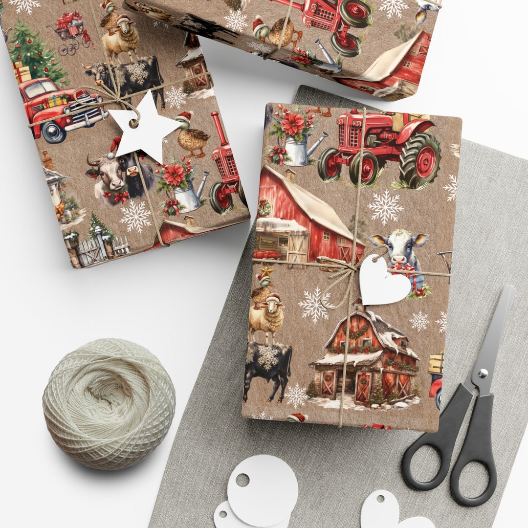 Farm Vintage Christmas Wrapping Paper , Farm Animal, Rustic, Farm ...