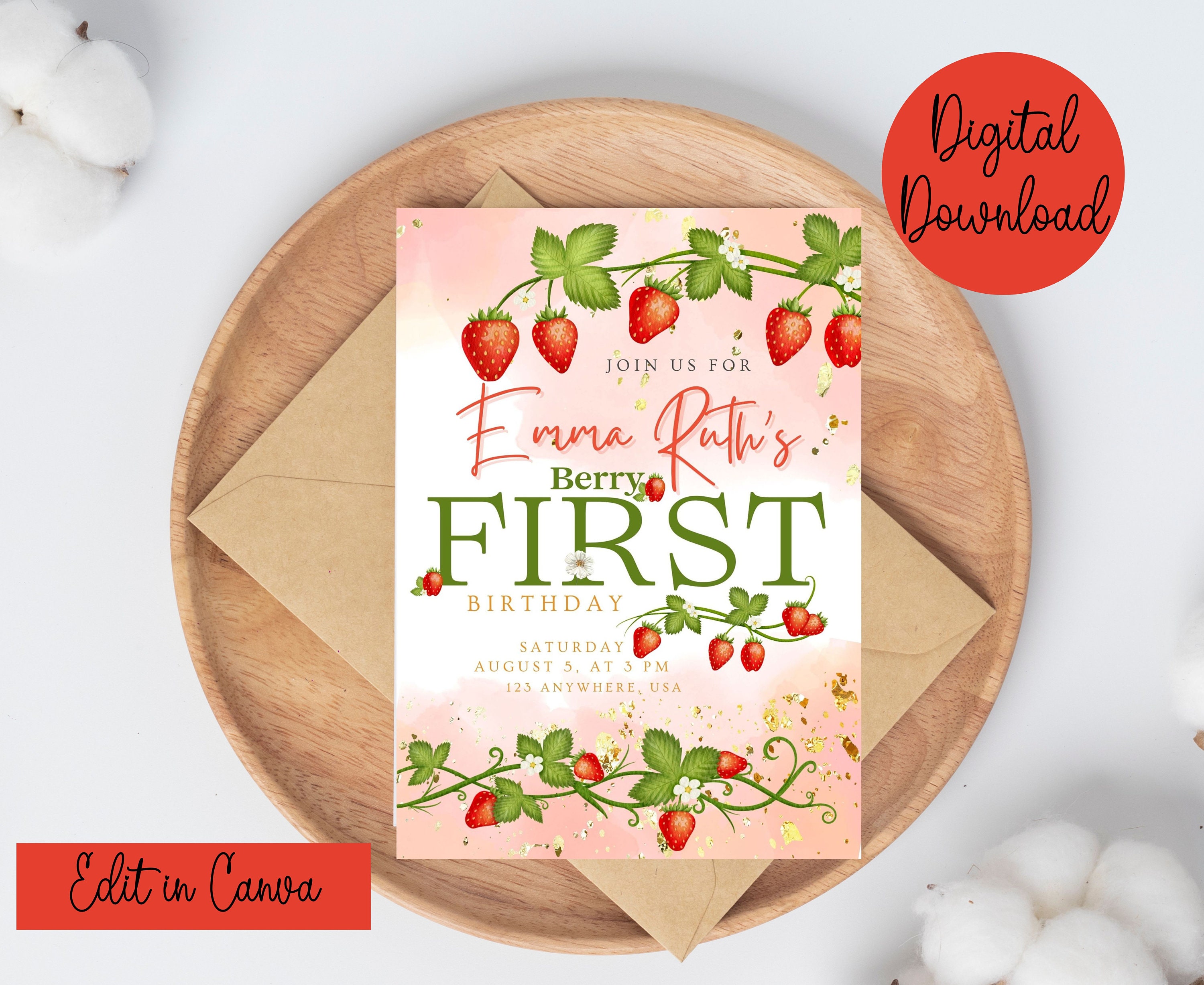 Strawberry 1st Birthday, Party Invitation, Template Editable in Canva ...