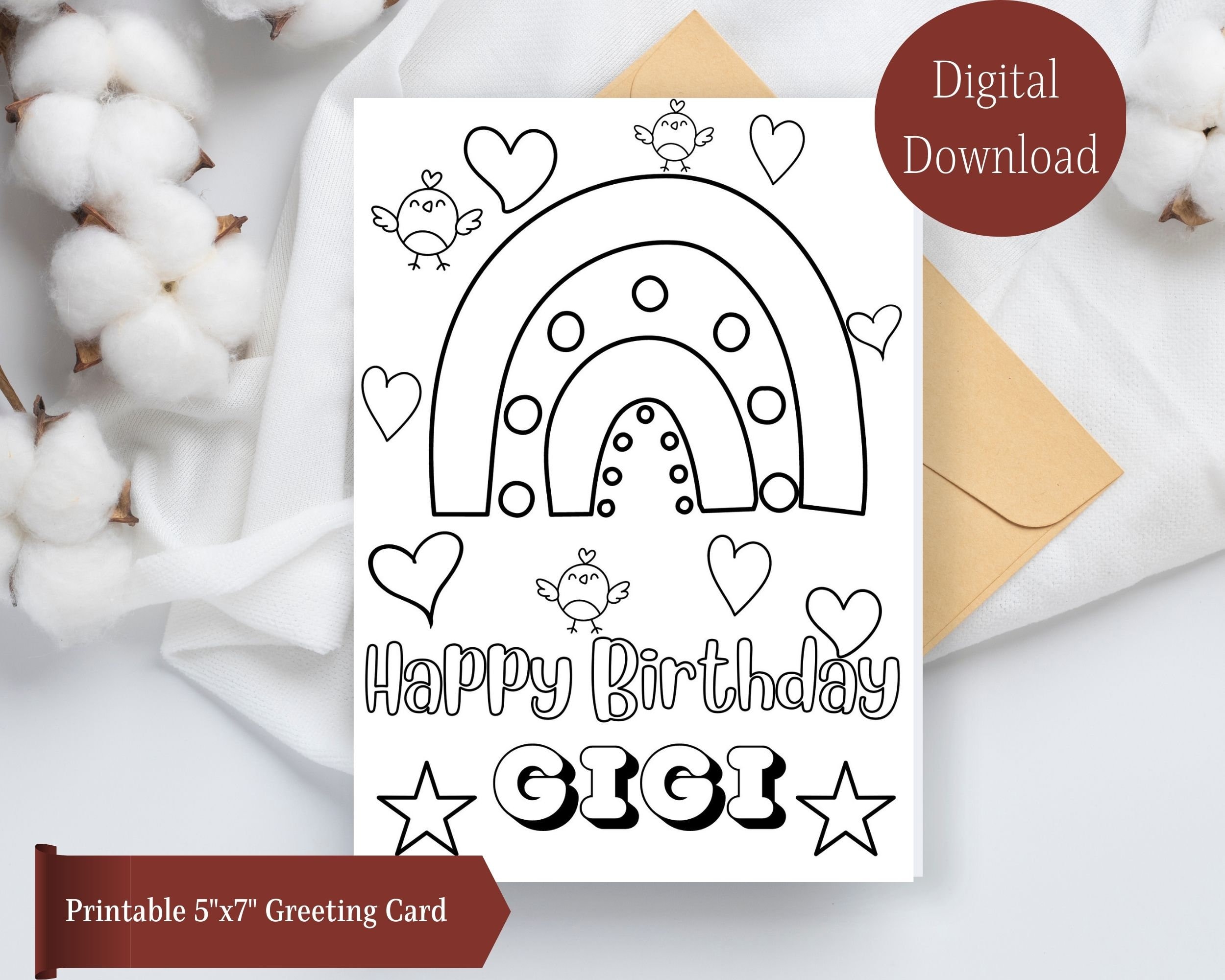 Colorable Happy Birthday Gigi Birthday Card, Gigi Rainbow Card, Gigi ...