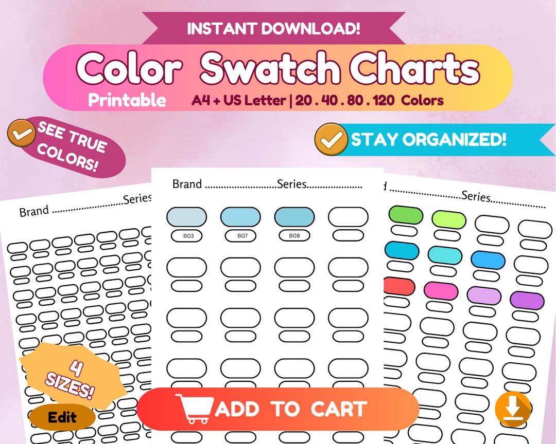 Color Swatch Charts Printable | A4 & US Letter | 20 40 80 120 Colors ...