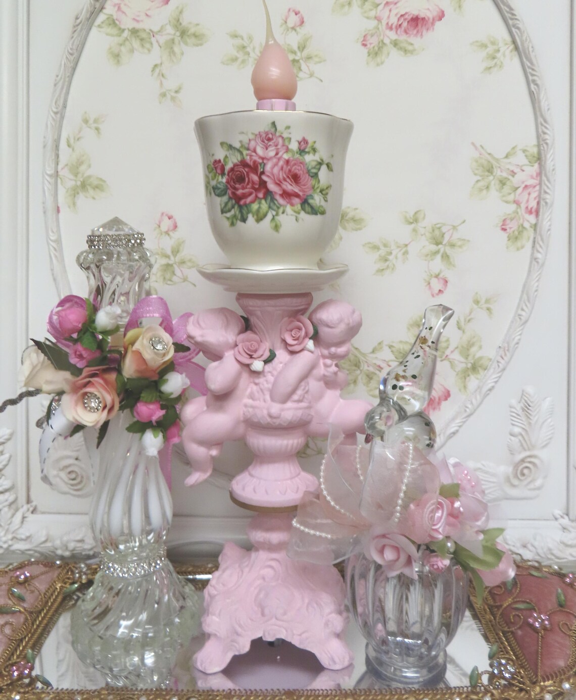 Vintage Cherub Light, Pink Cherub Light, Rose Candle Light, Pink Roses ...